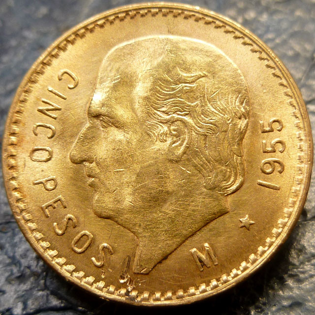 1955 Cinco 5 Pesos Mexican Gold Coin CO91456