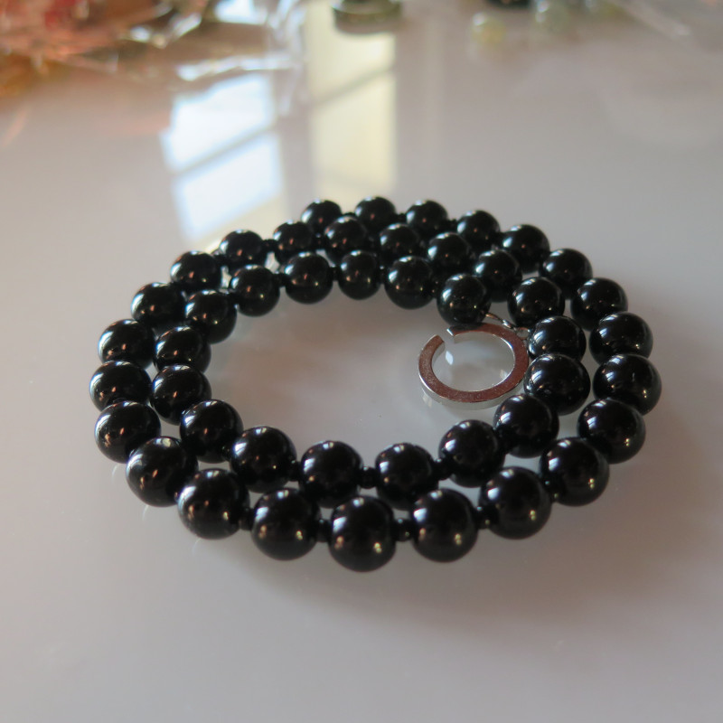 BLACK JADE NECKLACE BURMA....47cm and 10mm clasp white gold filled