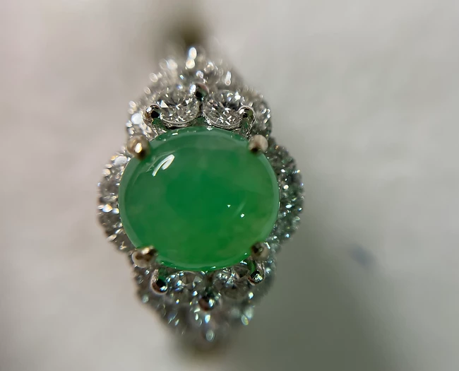 Burmese Type A Jadeite Jade and diamond Halo ring in 18k solid gold
