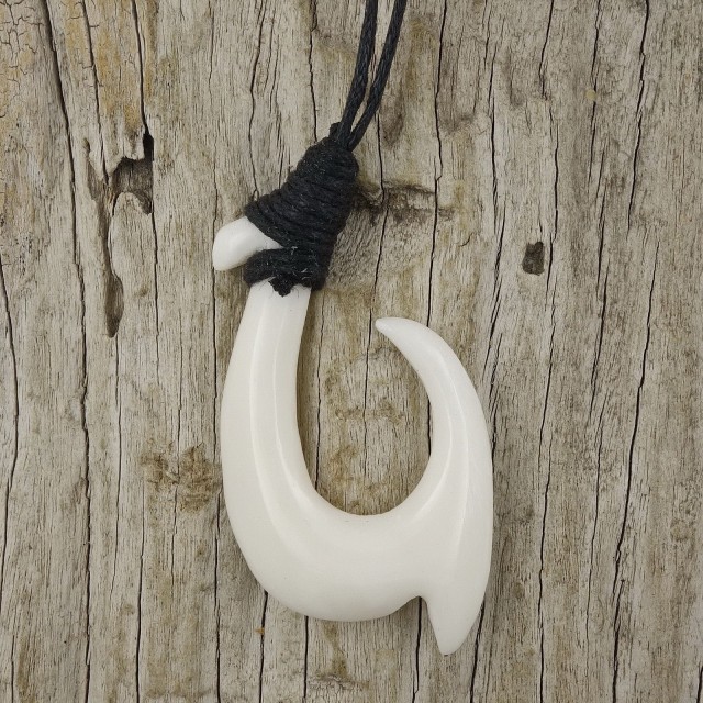 Maori Fish Hook Necklace, White Bone Pendant Men's